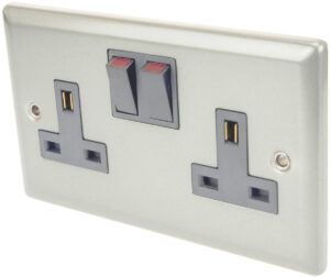 Volex 13A Double Switched Socket Double Pole w/ Brush Metal Front Plate ...